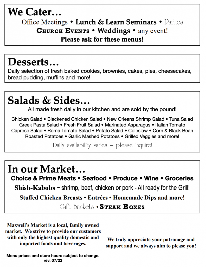Deli Menu – Maxwell's Market